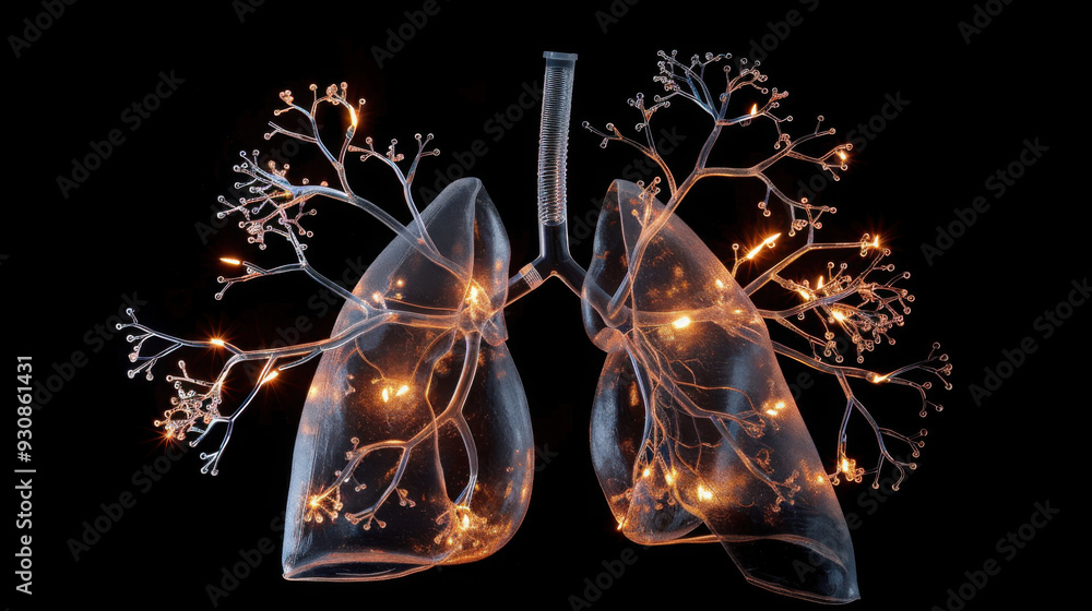 An abstract depiction of the respiratory system, with illuminated lungs ...