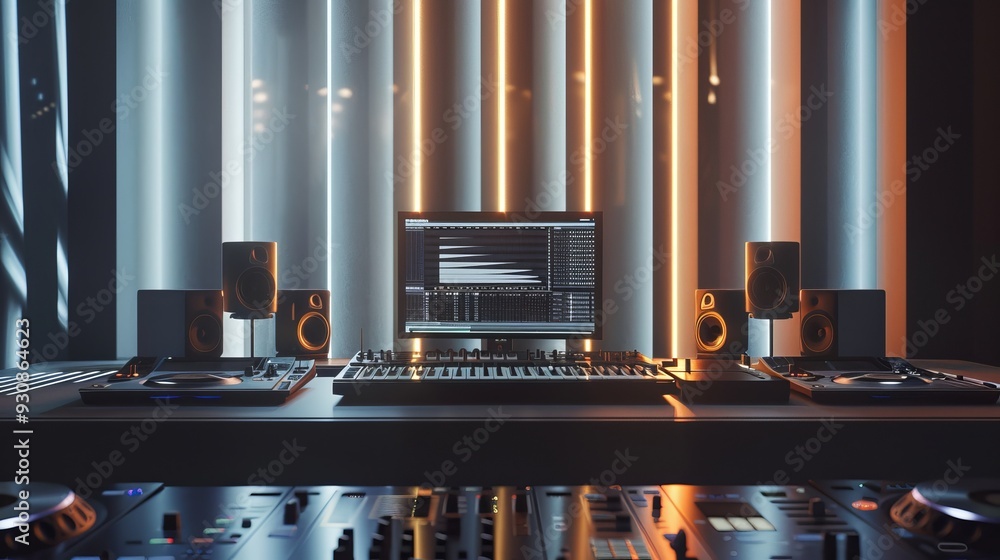 Futuristic control room with advanced audio and lighting technology ...