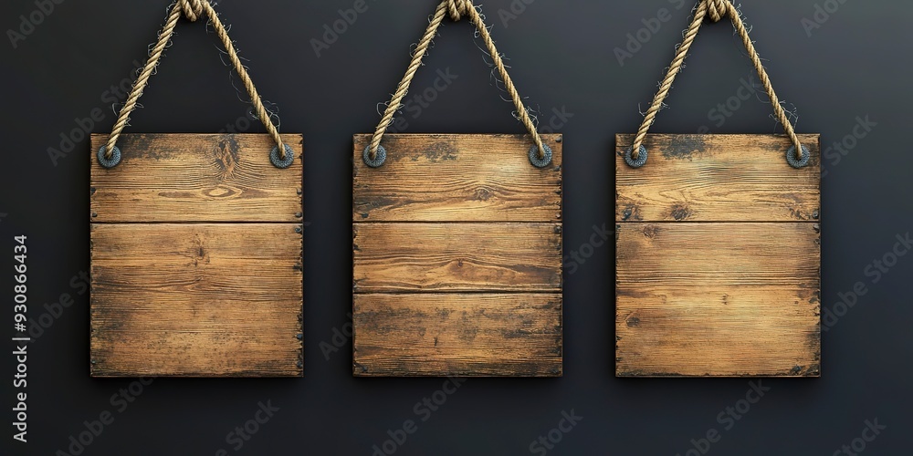 Set of wood boards on metal frames hanging from ropes. A realistic sign ...