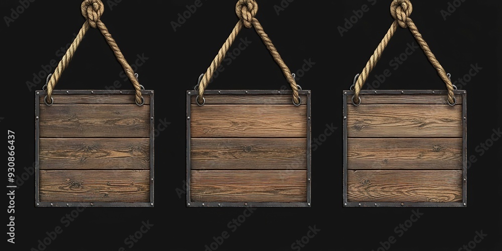 Set of wood boards on metal frames hanging from ropes. A realistic sign ...