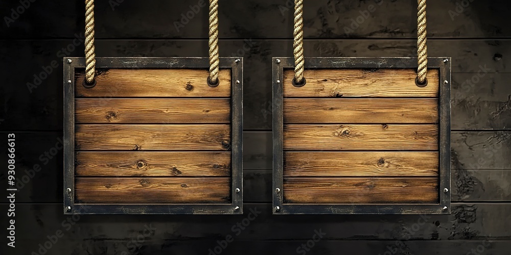 two wood boards on metal frames hanging from ropes. A realistic sign ...