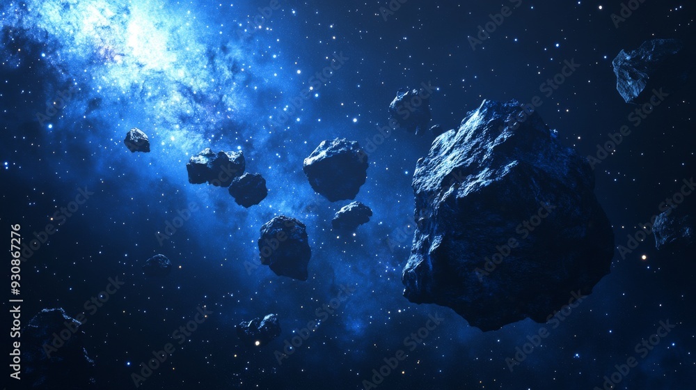 Asteroid clusters floating in deep space, varying in shape and size and rough textures. Dark ...