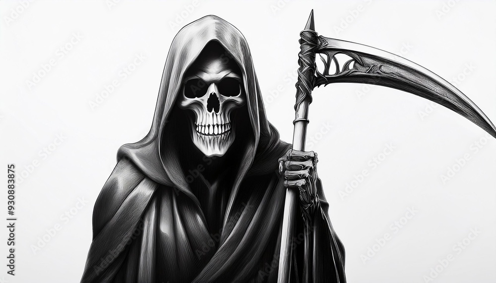 realistic drawing of death with scythe in black and white unreal ...