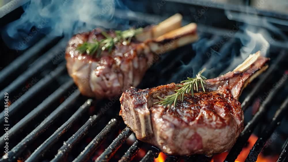 tomahawk steak on barbecue rack with fire flame and smoke, Stock 비디오 ...