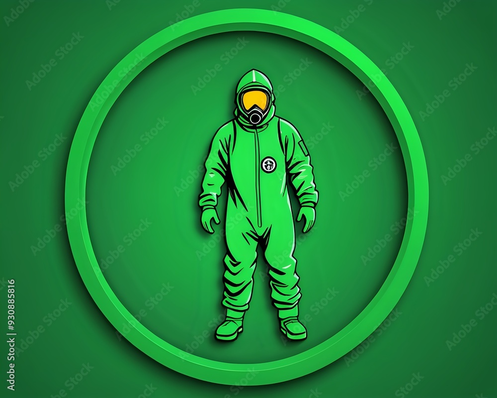 Green man in a hazmat suit with a gas mask inside a green circle. Stock ...
