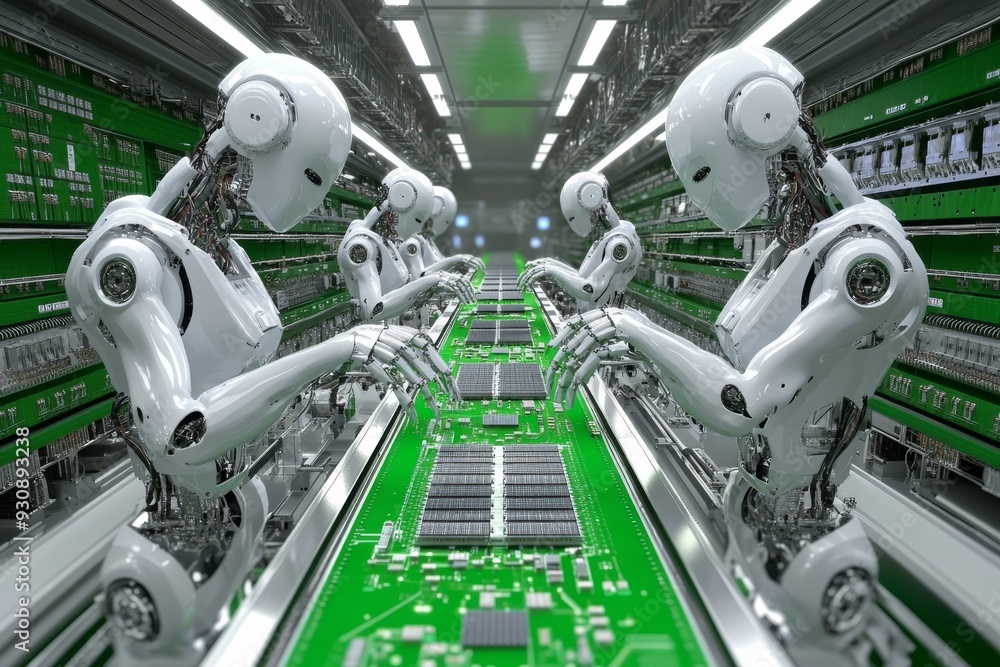 Robotic arms working on a high tech assembly line demonstrating the ...