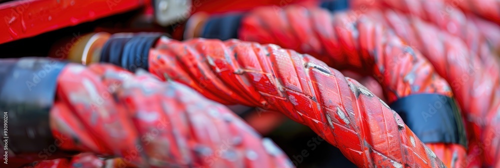 Coiled fire hoses on a fire truck, crucial equipment for battling ...