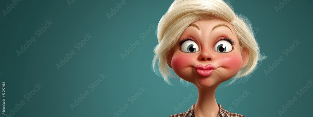 3D Cartoon of a beautiful middle aged blonde woman with puffed cheeks ...