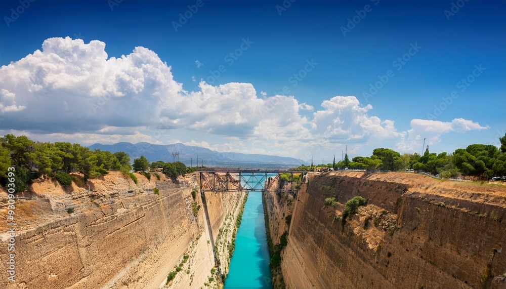 beautiful landscape of the corinth canal in a bright sunny day against ...