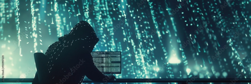 A lone hacker types on a computer, illuminated by a screen filled with ...