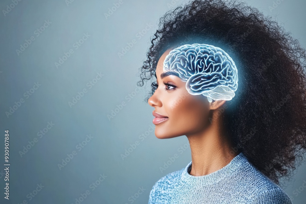 Portrait of a woman with afro textured hair and a glowing brain ...