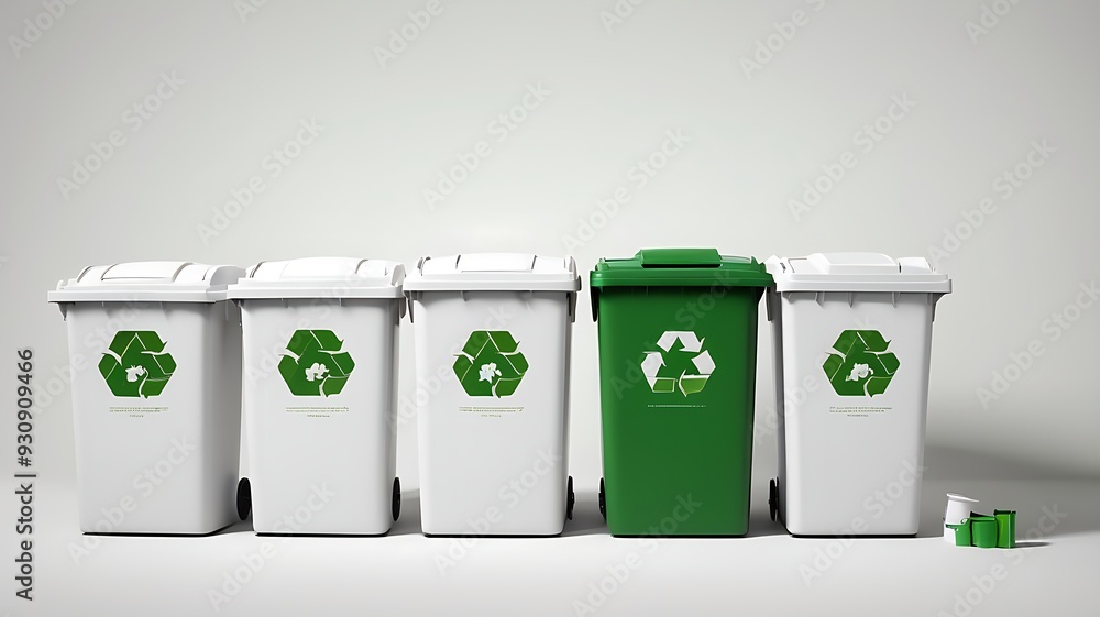 Five recycle bins gray, white, green, recycling symbol. Ideal for ...
