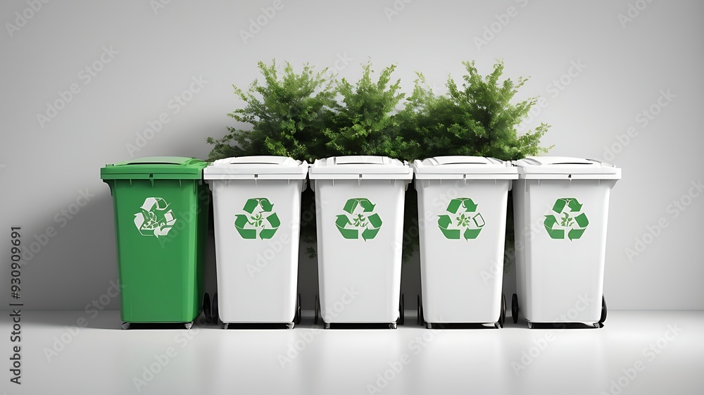 Five recycle bins gray, white, green, recycling symbol. Ideal for ...