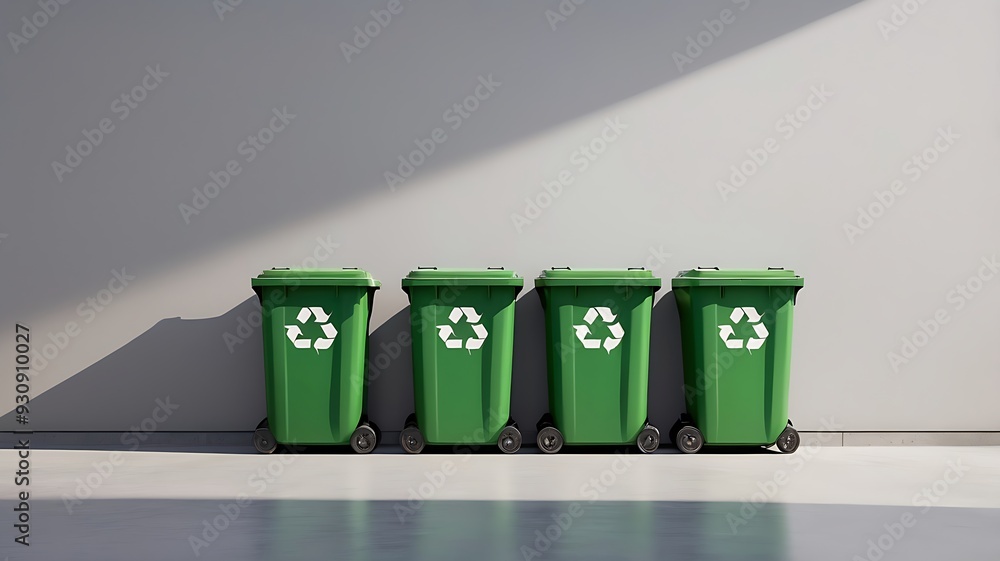 Five recycle bins gray, white, green, recycling symbol. Ideal for ...
