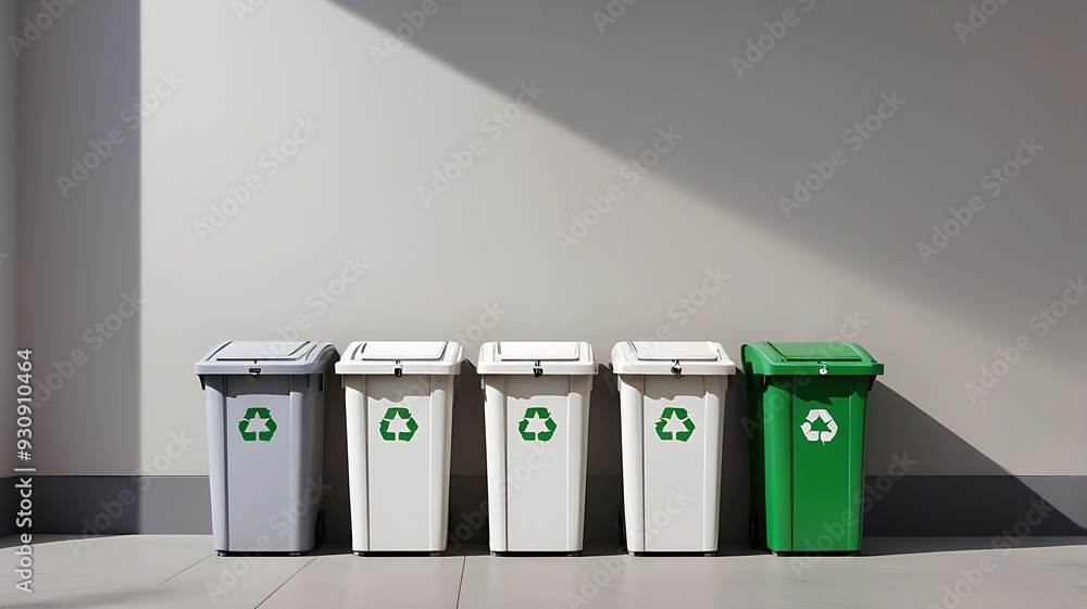 Five recycle bins gray, white, green, recycling symbol. Ideal for ...
