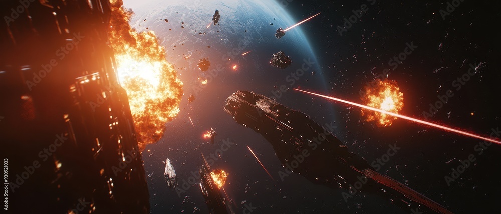 Sci-Fi Space Battle Scene with Spaceships, Explosions, and Laser Beams ...