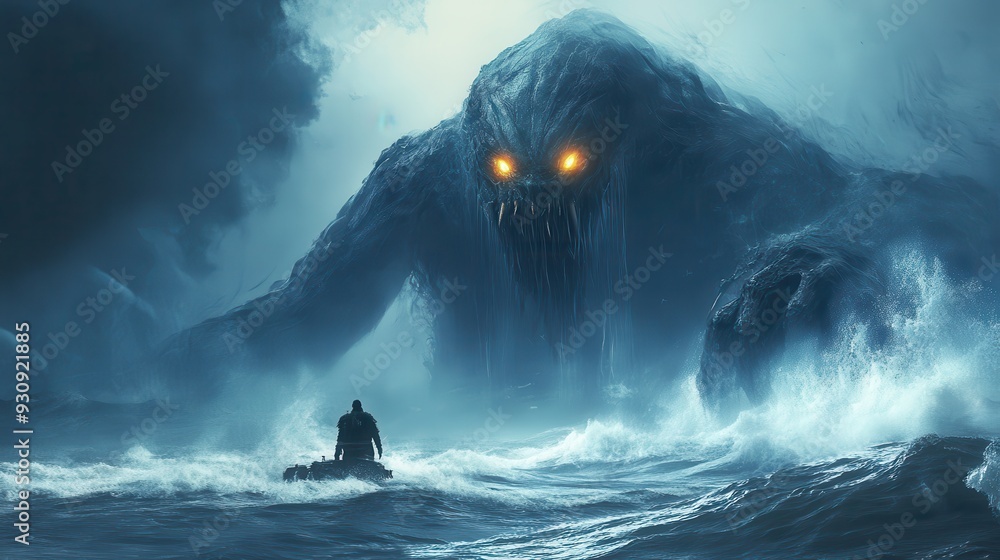 Man in a Small Boat Facing a Giant Sea Monster in a Stormy Ocean Stock ...
