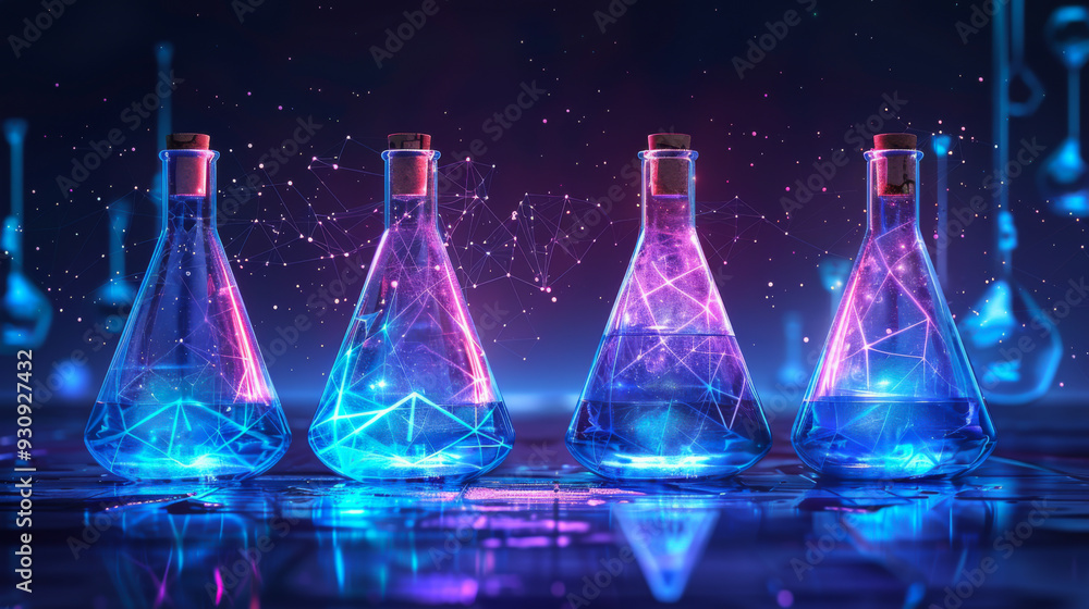 Low poly science chemical glass flasks. Magical equipment polygonal ...