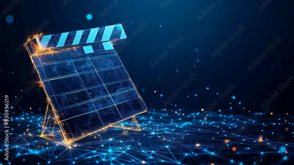 Film production low poly wireframe banner template. 3D clapperboard ...