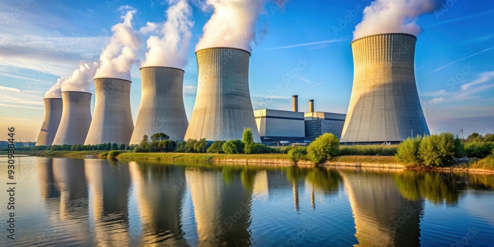 Cooling towers at a riverside nuclear power plant, nuclear power Stock ...