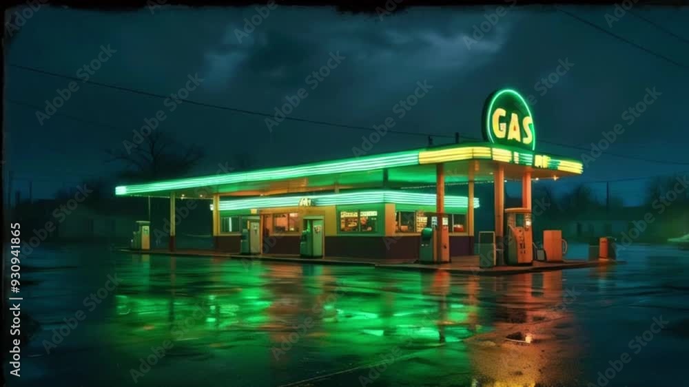 A retro gas station under a rainy night sky, illuminated by neon signs ...