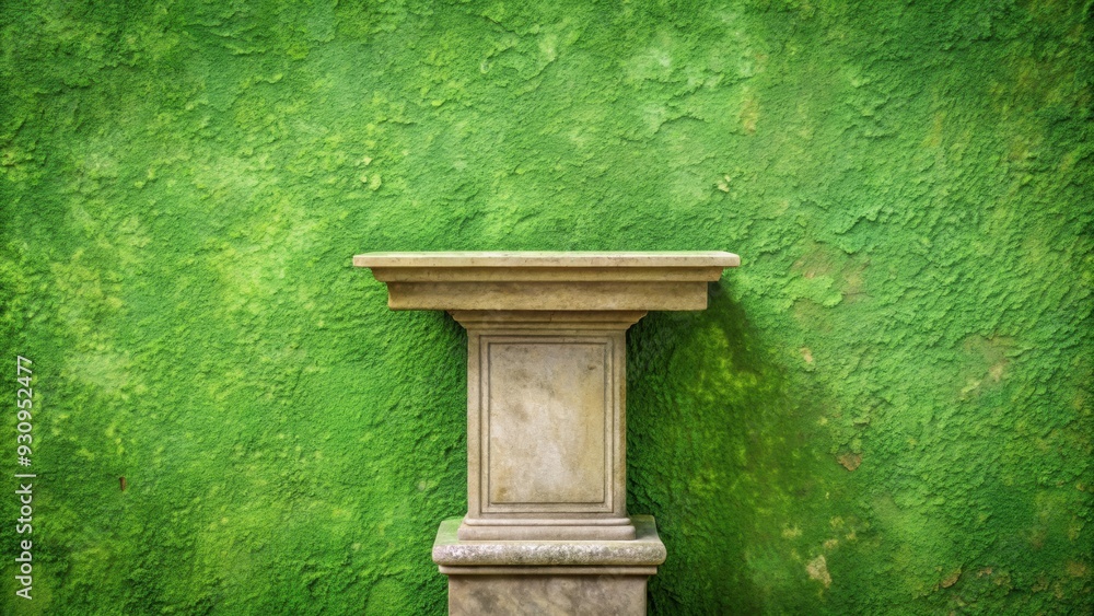 Stone pedestal with a green wall background and rough stone texture ...