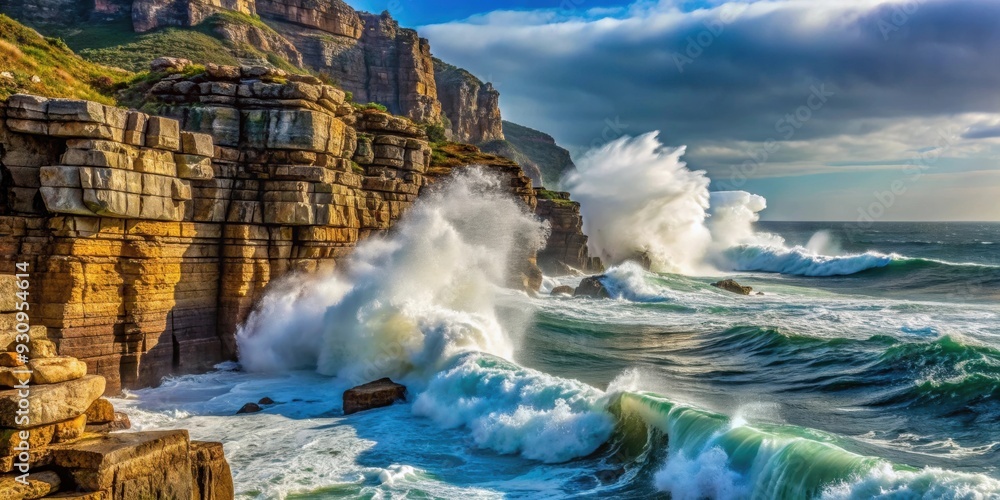 Powerful waves crashing against the rugged cliffs at the Cape of Good ...