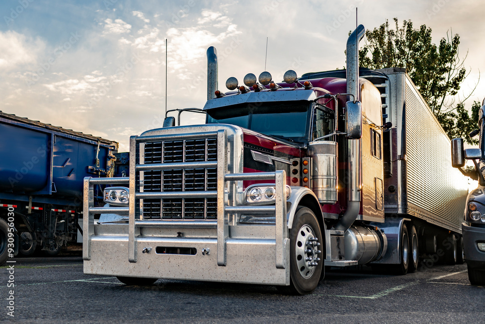 Burgundy classic big rig semi truck tractor with chrome accessories and ...