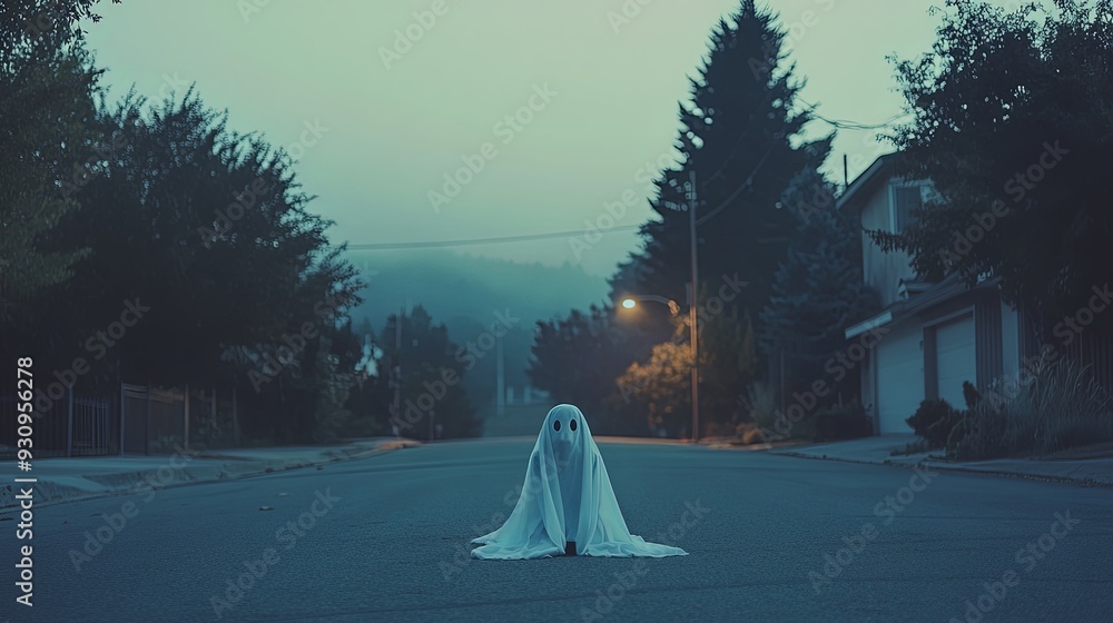 Vintage style photo of a child dressed as a ghost, sitting on the curb ...