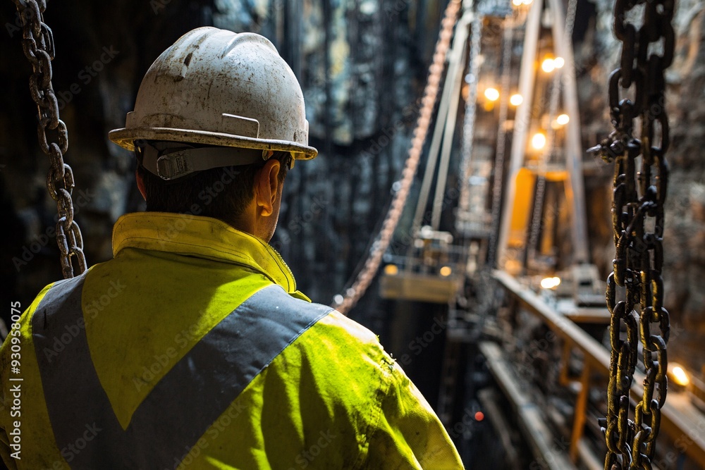 Rope access rigger wearing harness safety helmet heavy duty glove ...