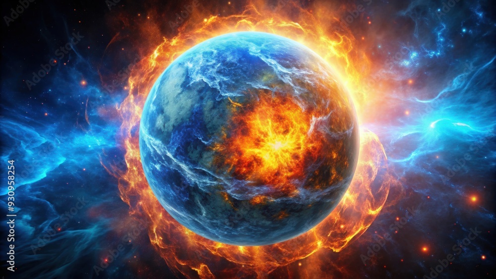 Fiery planet texture with blue energy bursts panorama map, planet ...
