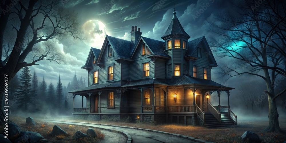 Spooky haunted house at night with flickering lights and eerie shadows ...