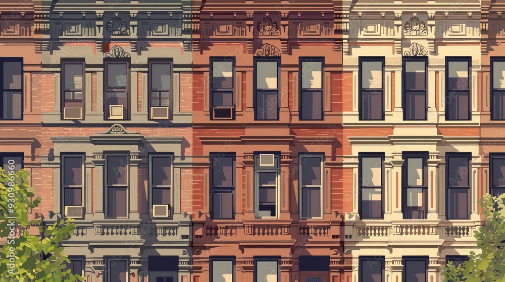 Draw a detailed elevation of a historic brownstone building ...