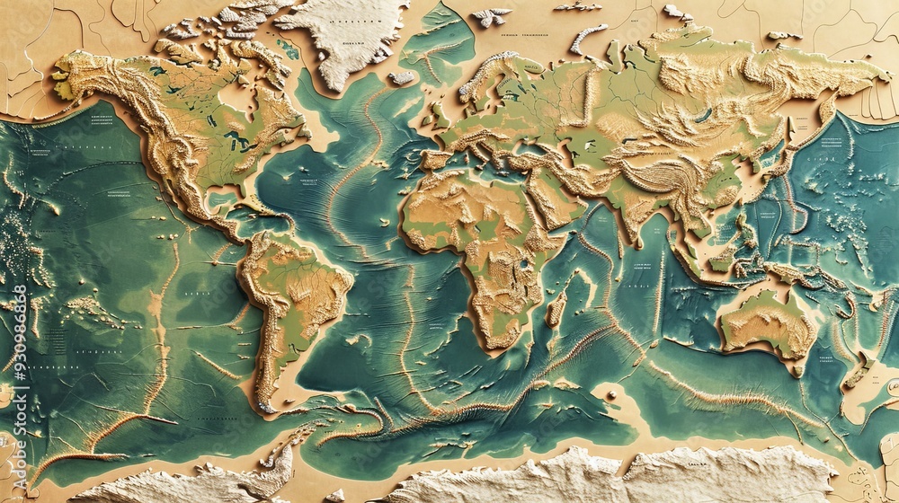 Draw a detailed world map highlighting major tectonic plates, fault ...