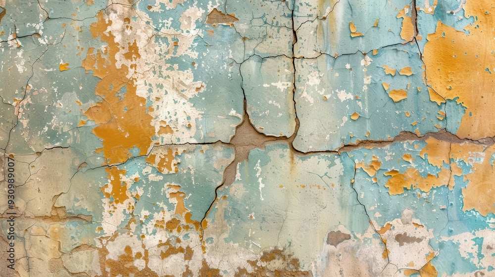 A cracked wall background with prominent fractures and weathered paint ...
