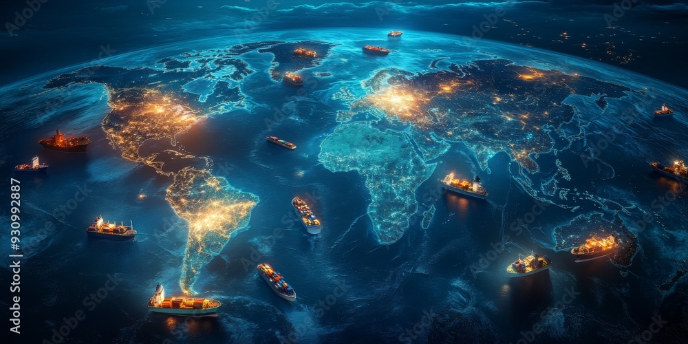 This digital world map depicts a logistics network with cargo ships ...