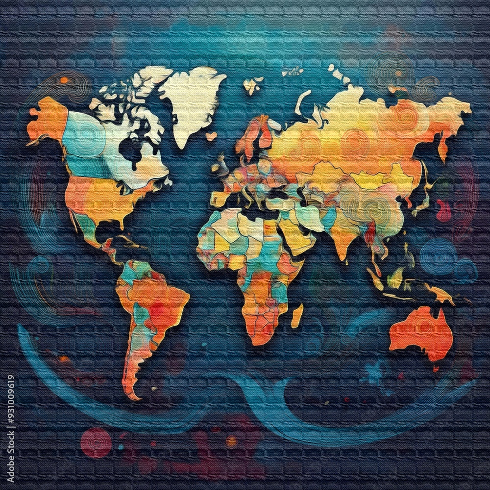 Vibrant World Map on Textured Background: A colorful, high-resolution illustration of the world ...