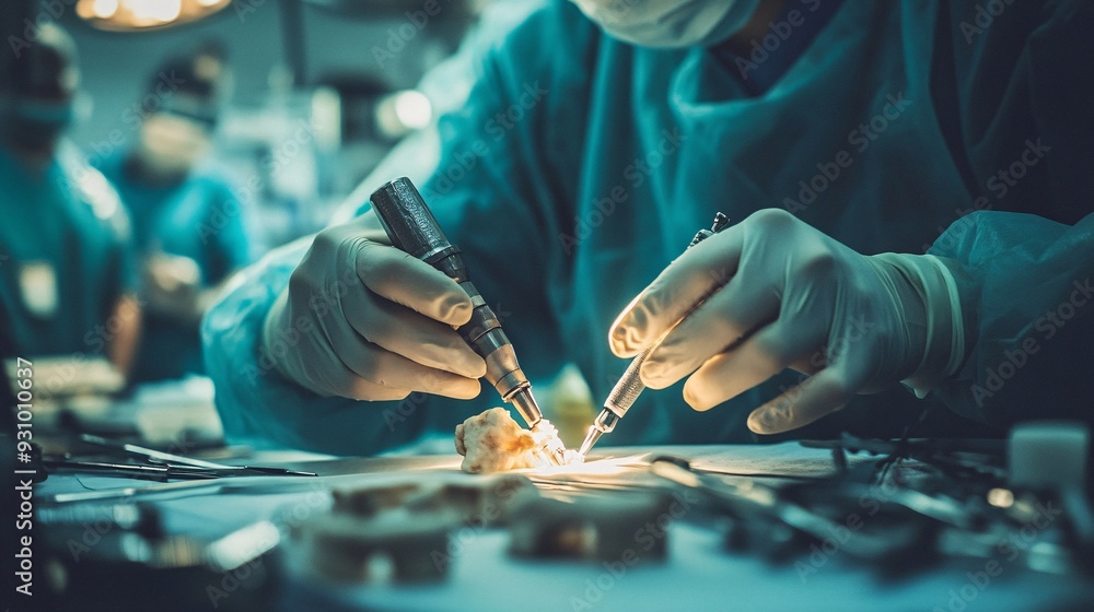 240803 79. Close-up of an orthopedic surgeon's hands drilling into bone ...