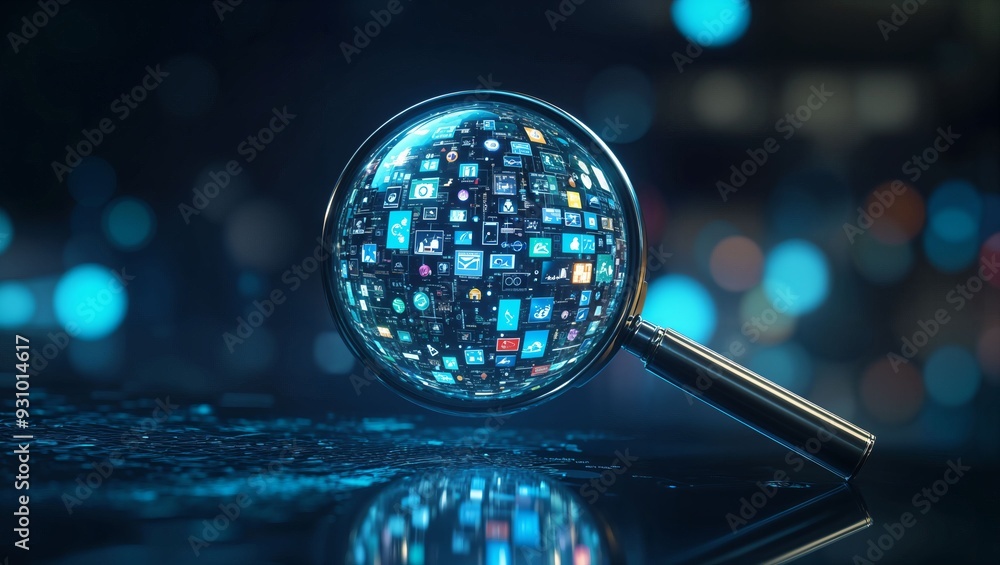 Exploring the Digital Universe: A Magnifying Glass Revealing a Sphere ...