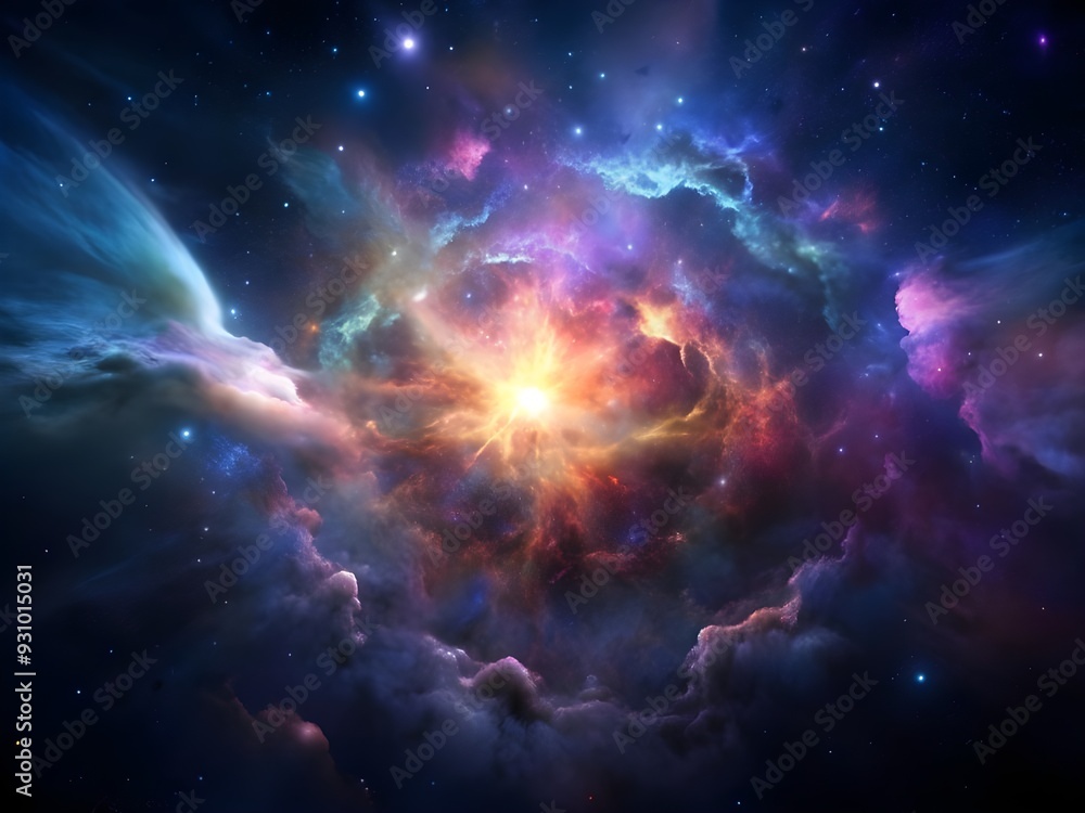 Vibrant Cosmic Nebula with Colorful Light Beams and Starry Background ...