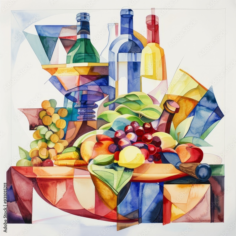 Watercolor painting of a cubist still life with a bowl of fruit, wine ...