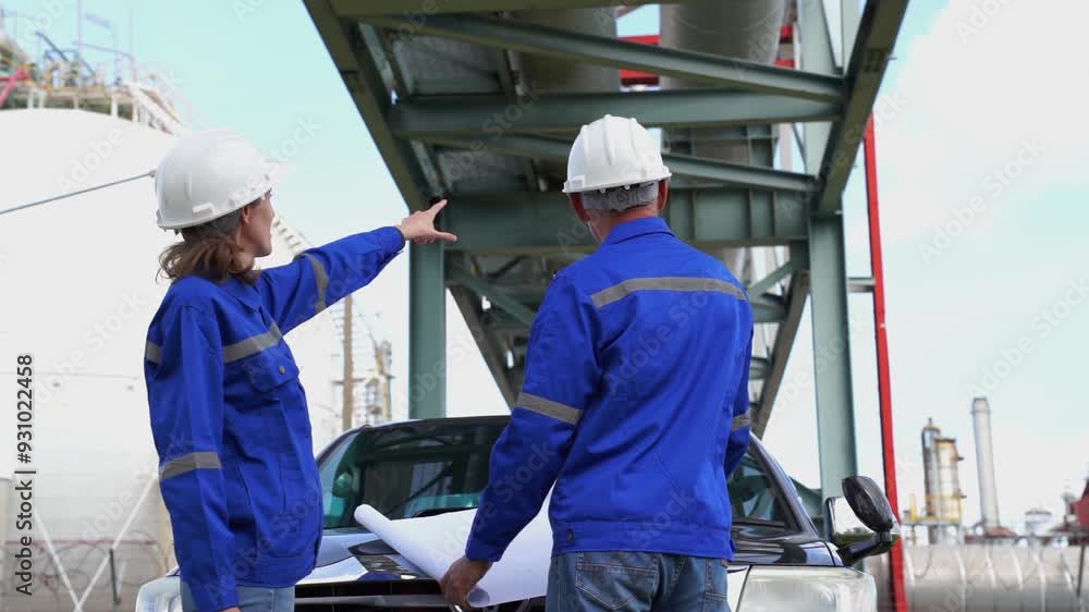 Team Petroleum chemical engineer discussion about blueprint drawings ...