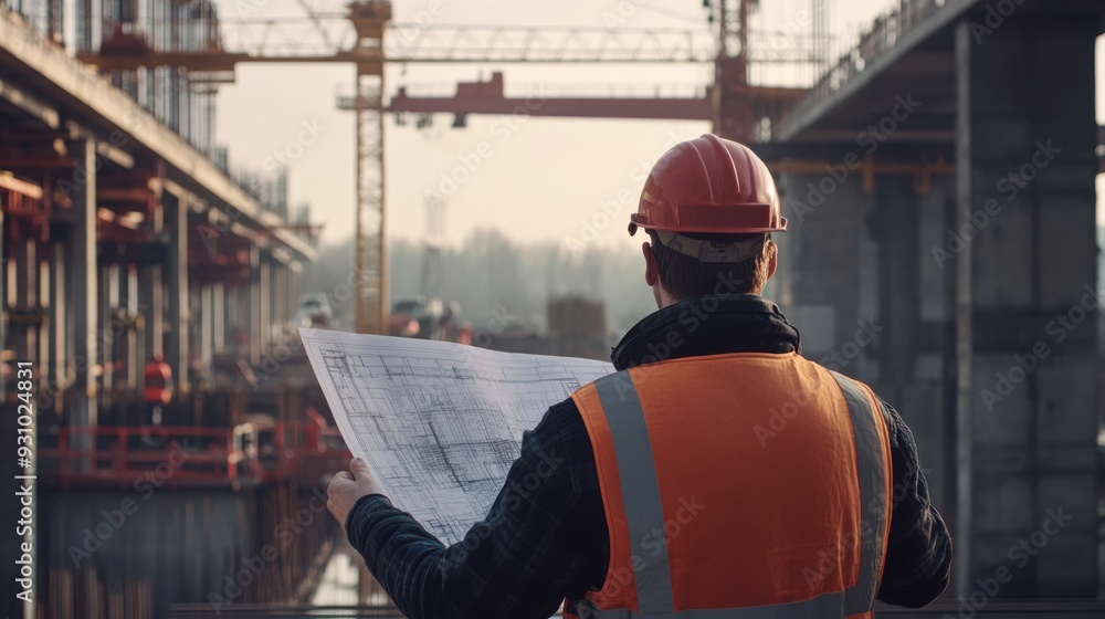 Bridge construction engineer analyzing blueprints on-site, with the ...