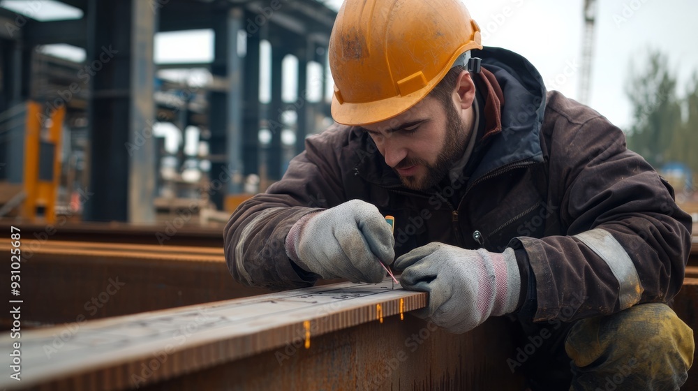 Bridge construction engineer marking measurements on a steel beam with ...