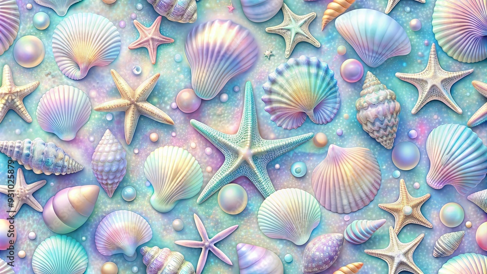 Fantasy seamless background with pastel and iridescent sea elements ...
