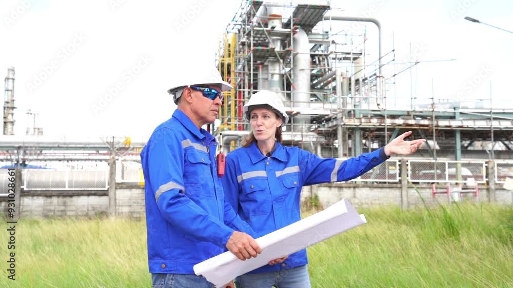 Team Petroleum chemical engineer discussion about blueprint drawings ...