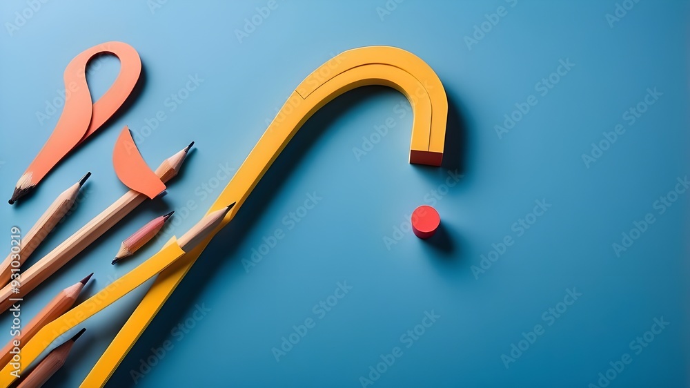 Abstract pencil question mark with a large mock up area on a blue ...