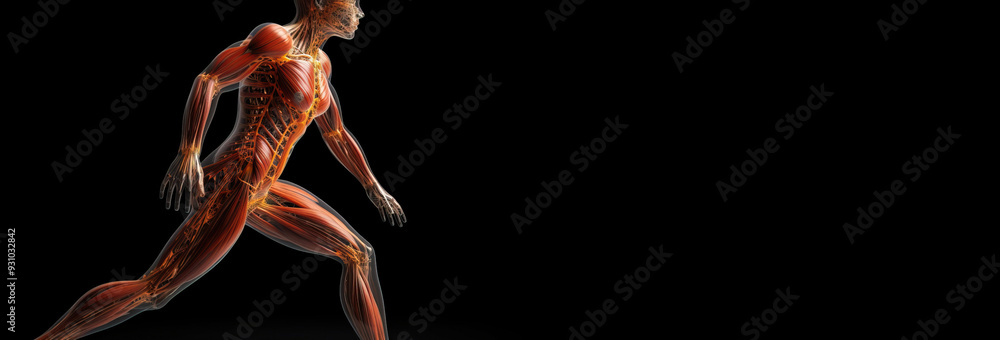 Anatomical structure of muscular system of human body, dark background ...