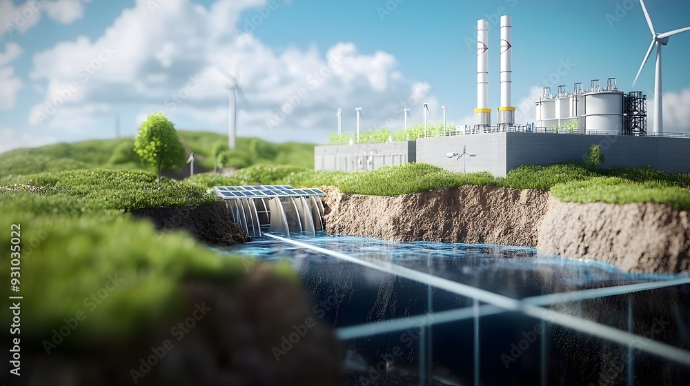 Renewable Energy Mix with Geothermal Power A conceptual 3D depicting a ...