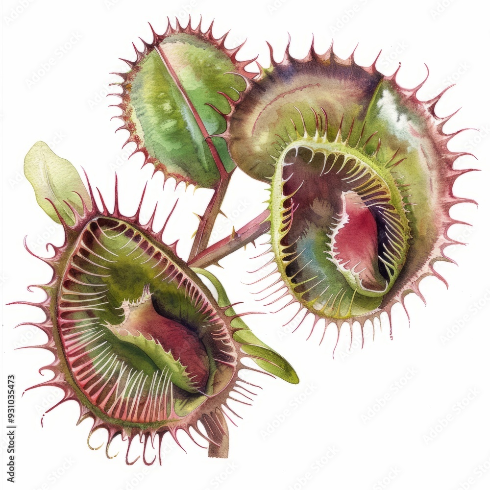 Watercolor painting of a mysterious venus flytrap, with its unique trap ...